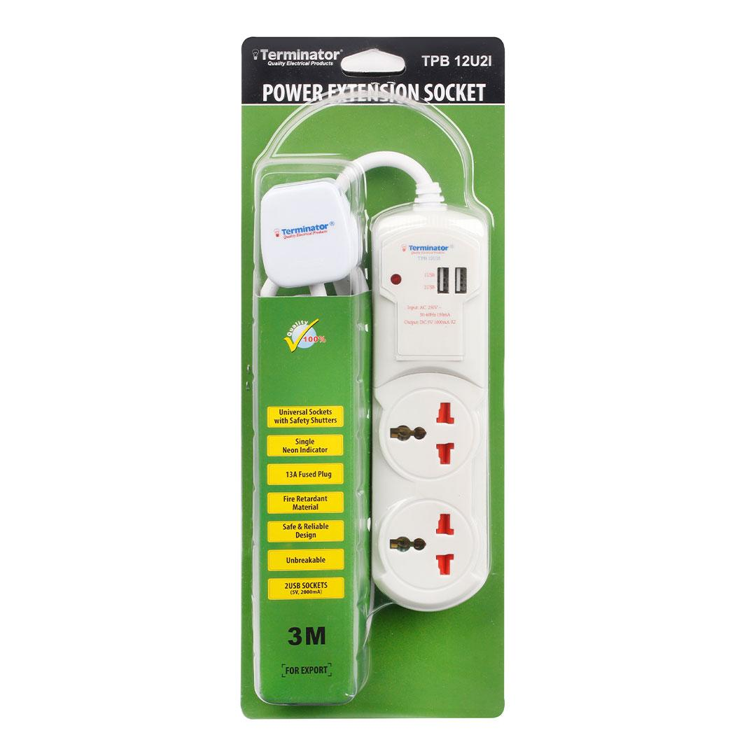 2 Way Universal Power Extension Socket 2 USB Socket 13A Plug