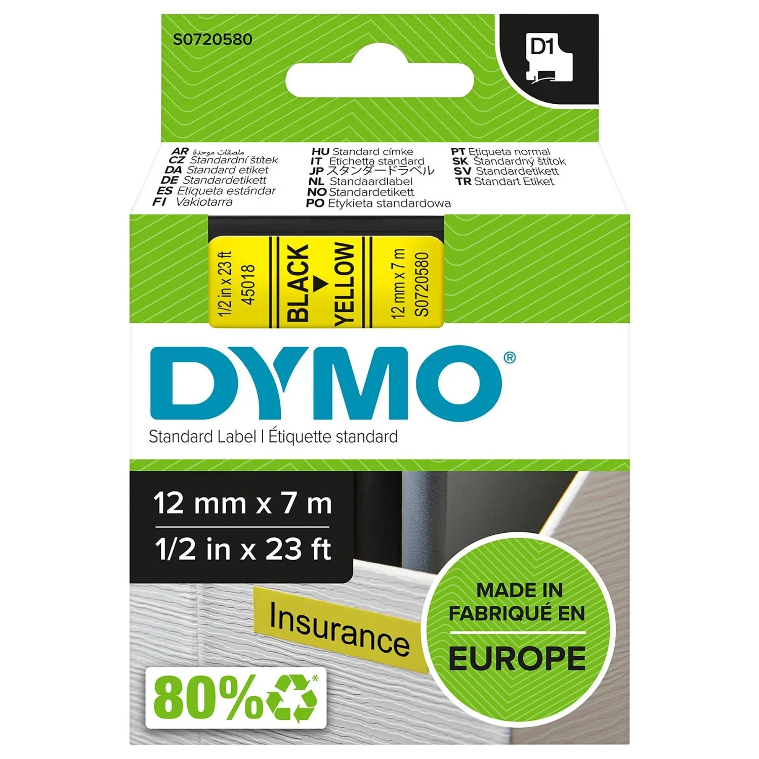 DYMO Standard D1 45018 Labeling Tape Black Print on Yellow Tape ...
